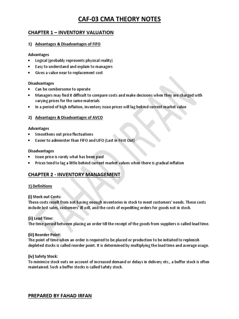 Caf-03 Cma Theory Notes Prepared by Fahad Irfan | PDF | Inventory ...