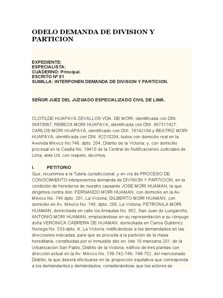 Modelo Demanda de Division y Particion | PDF | Herencia | Demanda judicial