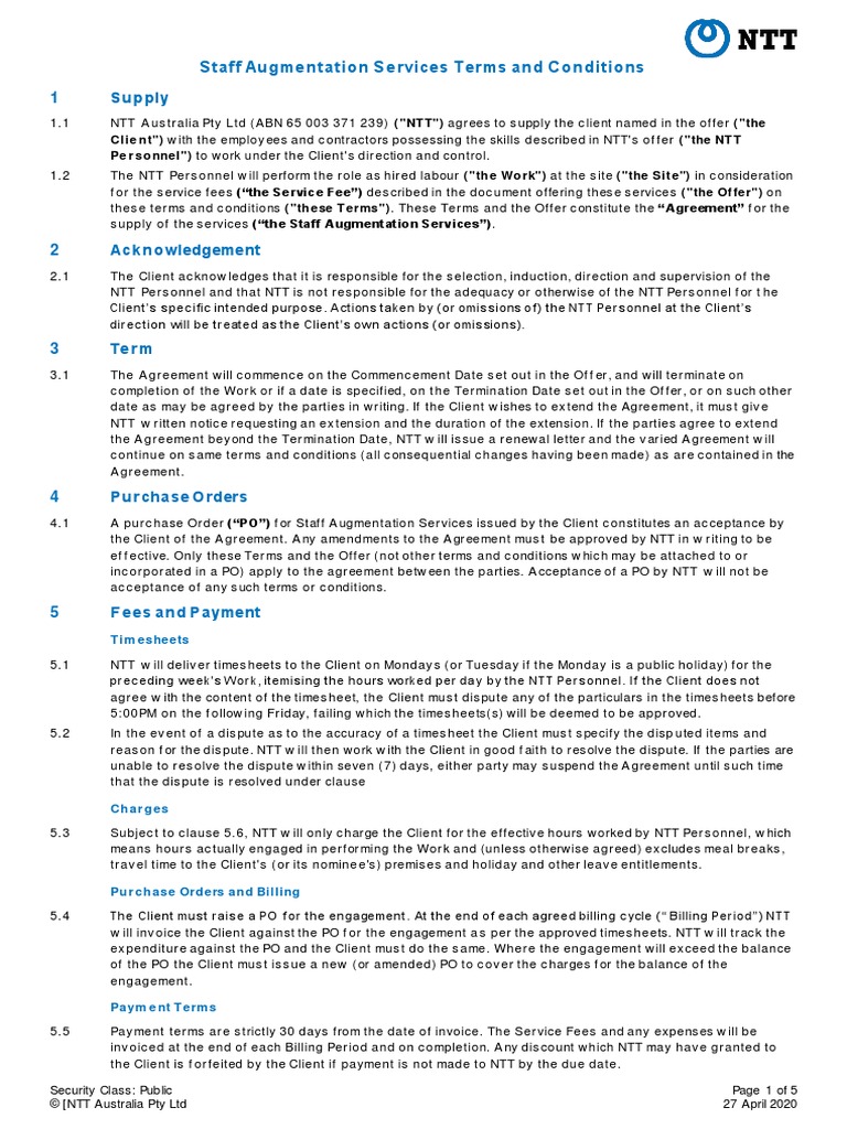 Staff Augmentation Services Terms and Conditions: 1 Supply | Download ...