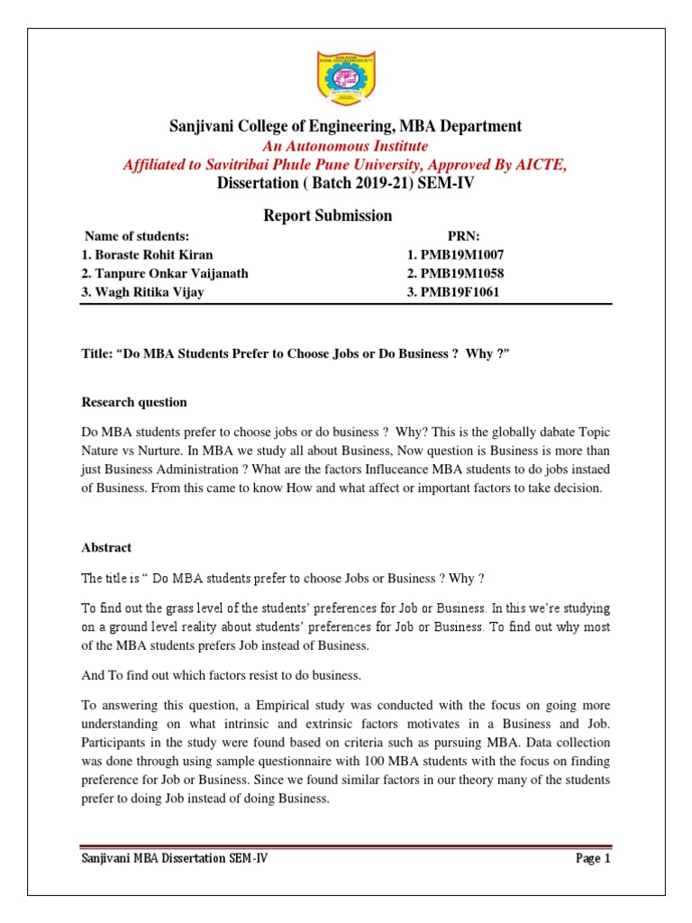 "Do MBA Students Prefer To Choose Jobs or Do Business Why "-Research Report | PDF | Methodology ...