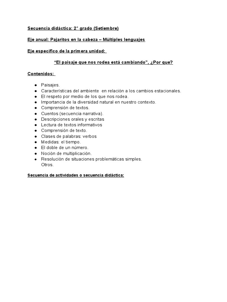 Secuencia Didáctica 2 Grado Setiembre Pdf Estudios De Idiomas