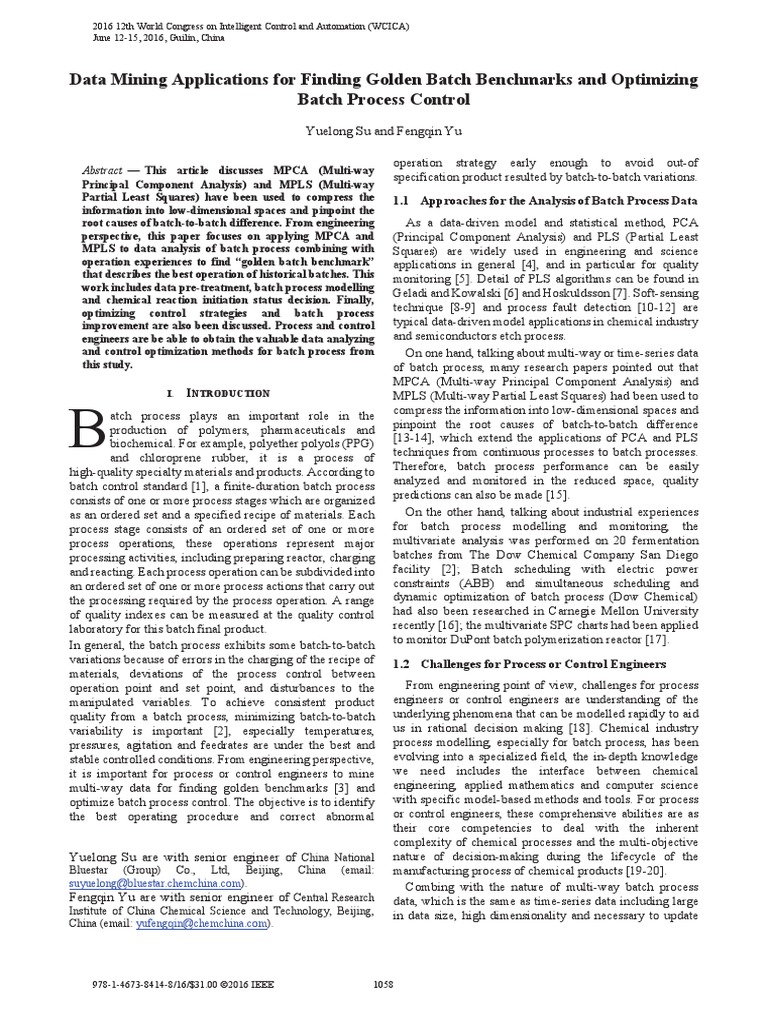 Data Mining Applications For Finding Golden Batch Benchmarks and Optimizing Batch Process ...