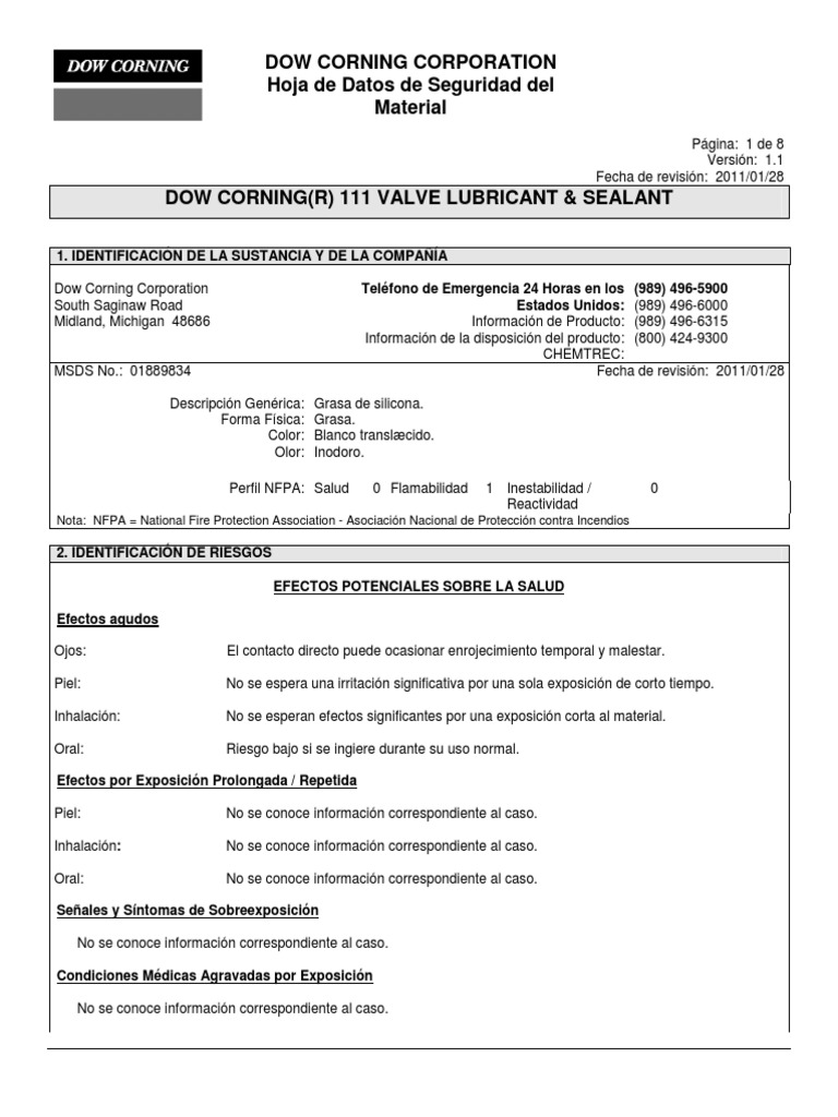 Dow Corning 111 Valve Lubricant & Sealant | PDF | Agua | Dióxido de carbono