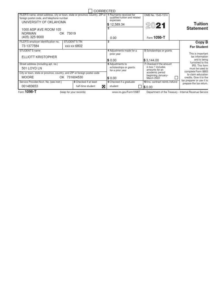1098-T Copy B: 12,589.34 University of Oklahoma 1000 ASP AVE ROOM 105 ...