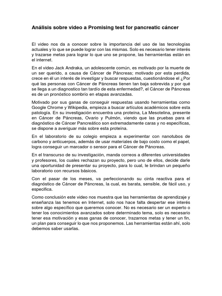 Análisis Sobre Video A Promising Test For Pancreatic Cáncer | PDF