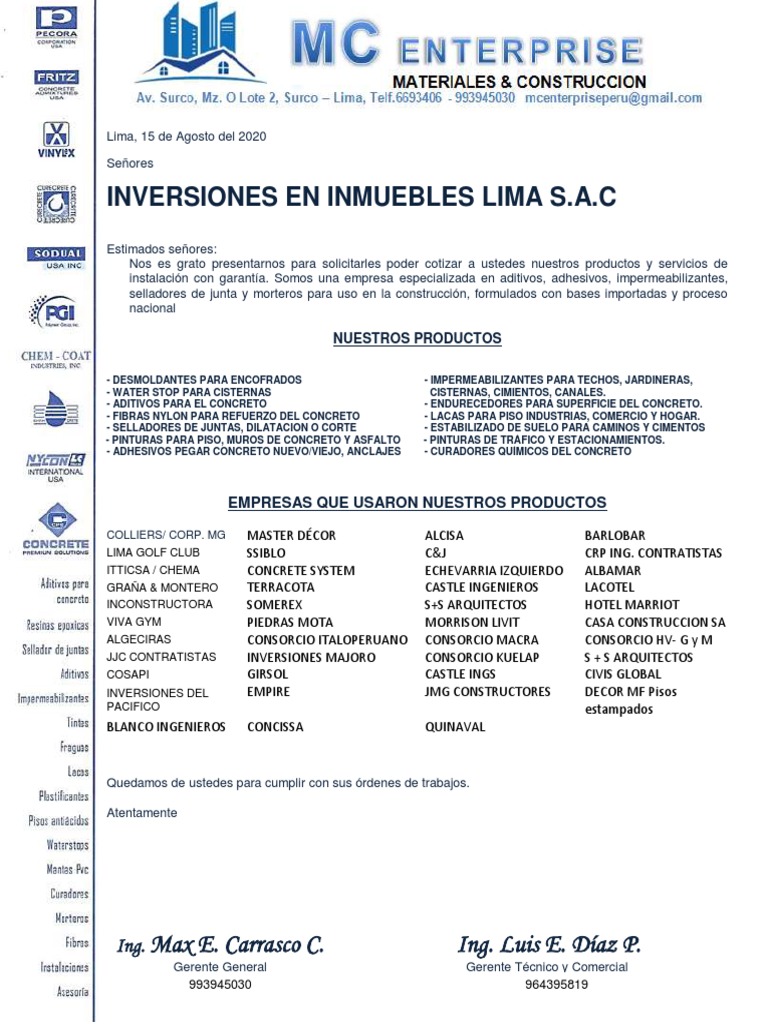 Inversiones en Inmuebles Lima Sac, Carta de Presentacion - MC Enterprise | PDF