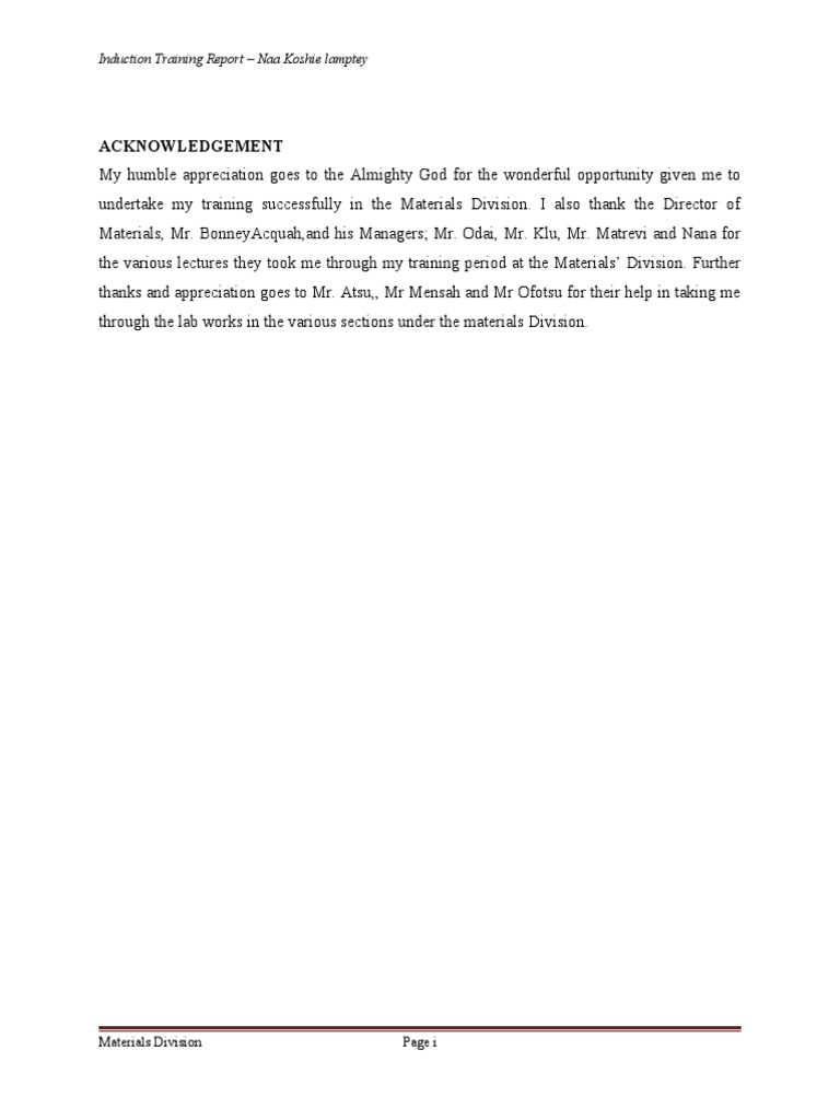 Acknowledgement: Induction Training Report - Naa Koshie Lamptey | PDF ...