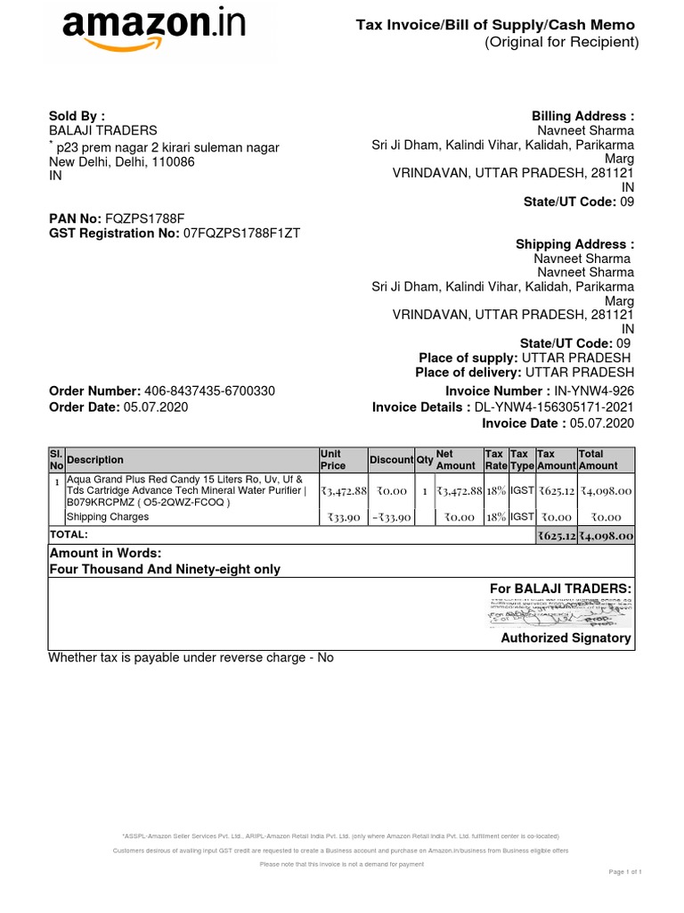 Tax Invoice/Bill of Supply/Cash Memo: (Original For Recipient) | PDF ...