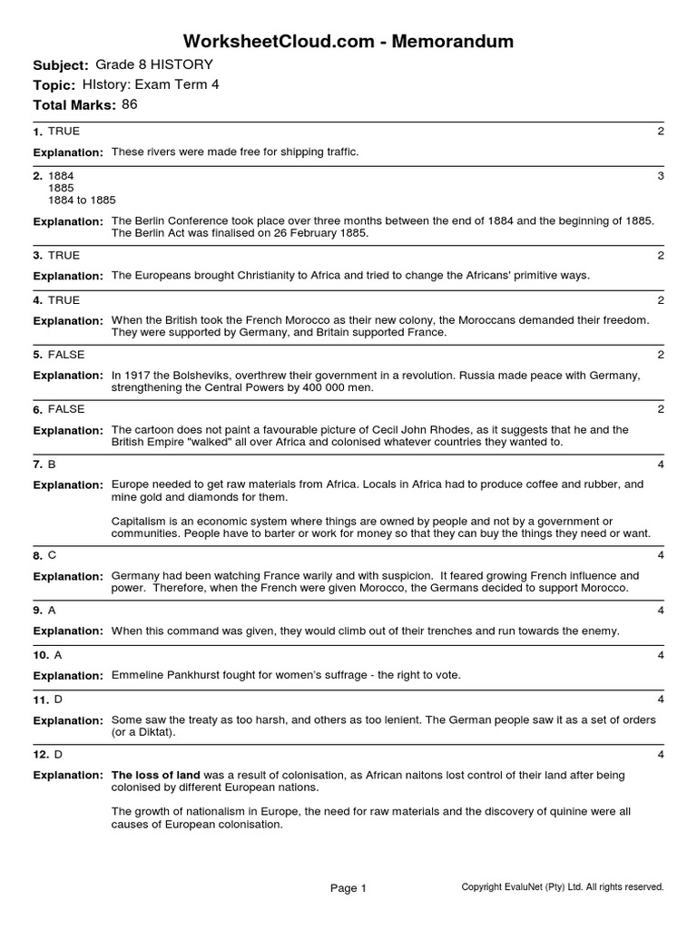 Topic: History: Exam Term 4 Total Marks: 86 Subject: Grade 8 History ...