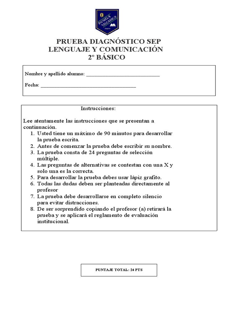 Prueba Diagnóstica Lenguaje 2024 | PDF