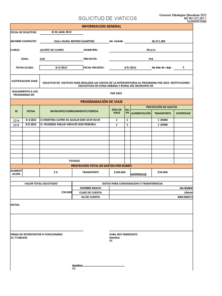 Solicitud de Viáticos PAE 2022 Pelaya | PDF