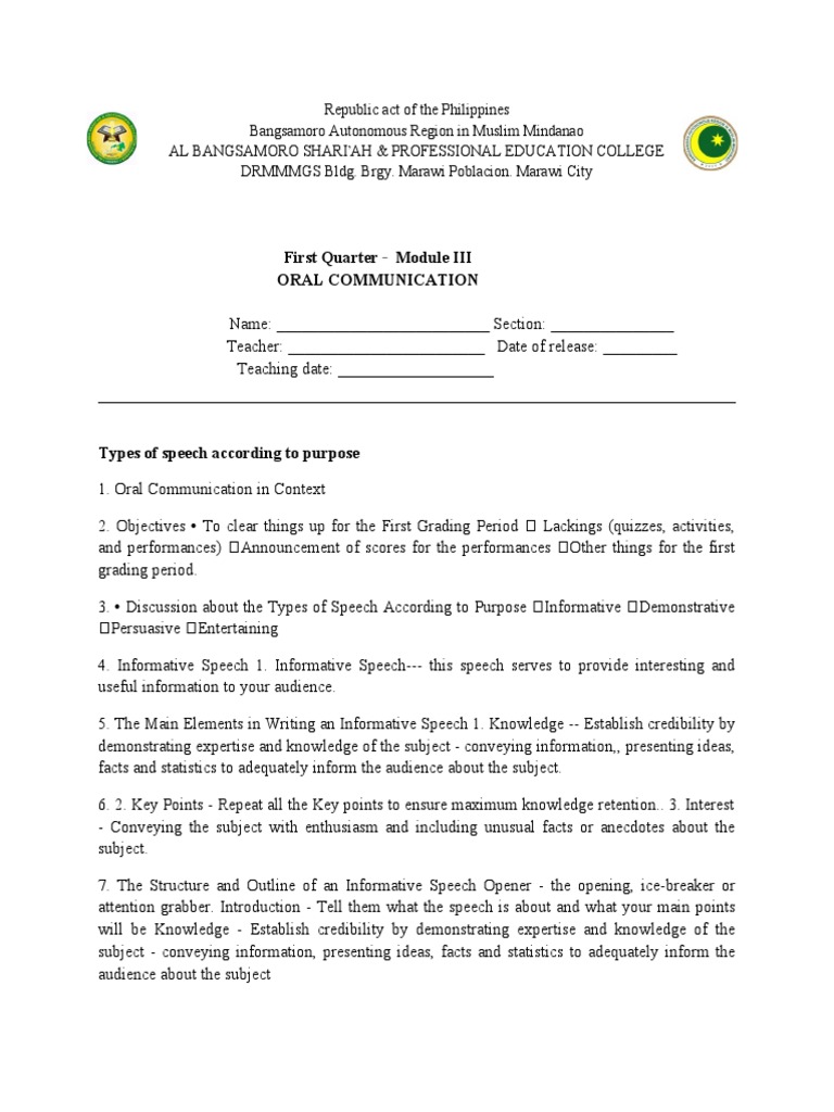 First Quarter Module III Oral Communication | PDF | Essays | Human Communication