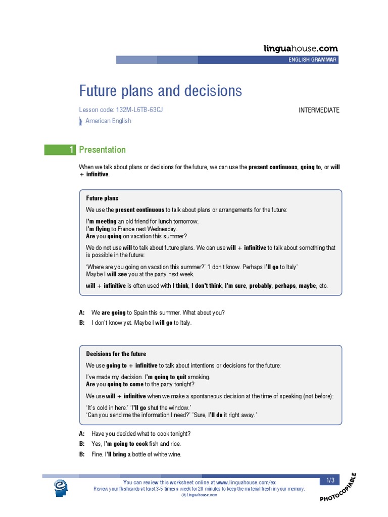Future Plans and Decisions Present Continuous Will Going To American ...