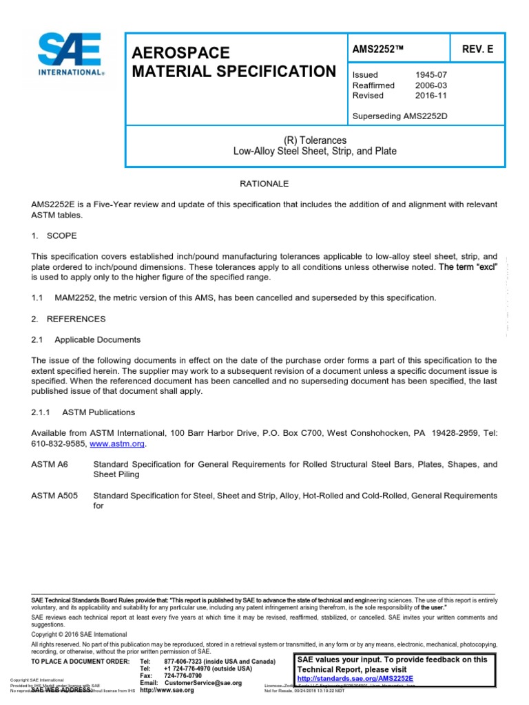 Aerospace Material Specification: (R) Tolerances Low-Alloy Steel Sheet ...