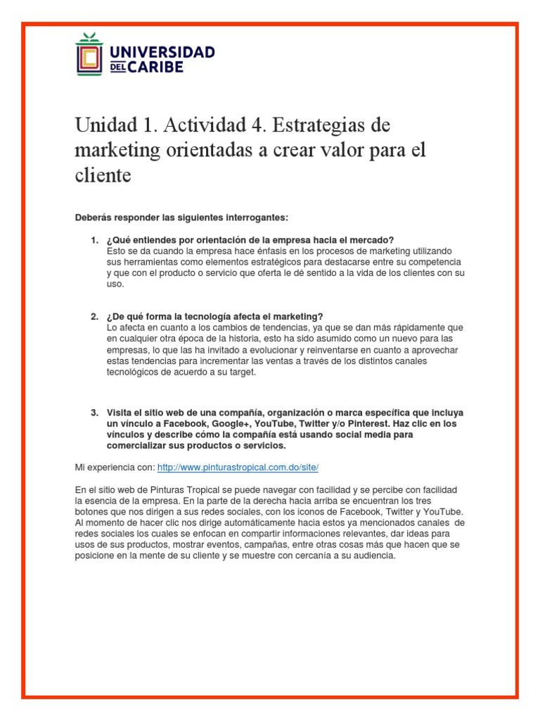 Unidad 1. Actividad 4. Estrategias de Marketing Orientadas A Crear Valor para El Cliente | PDF