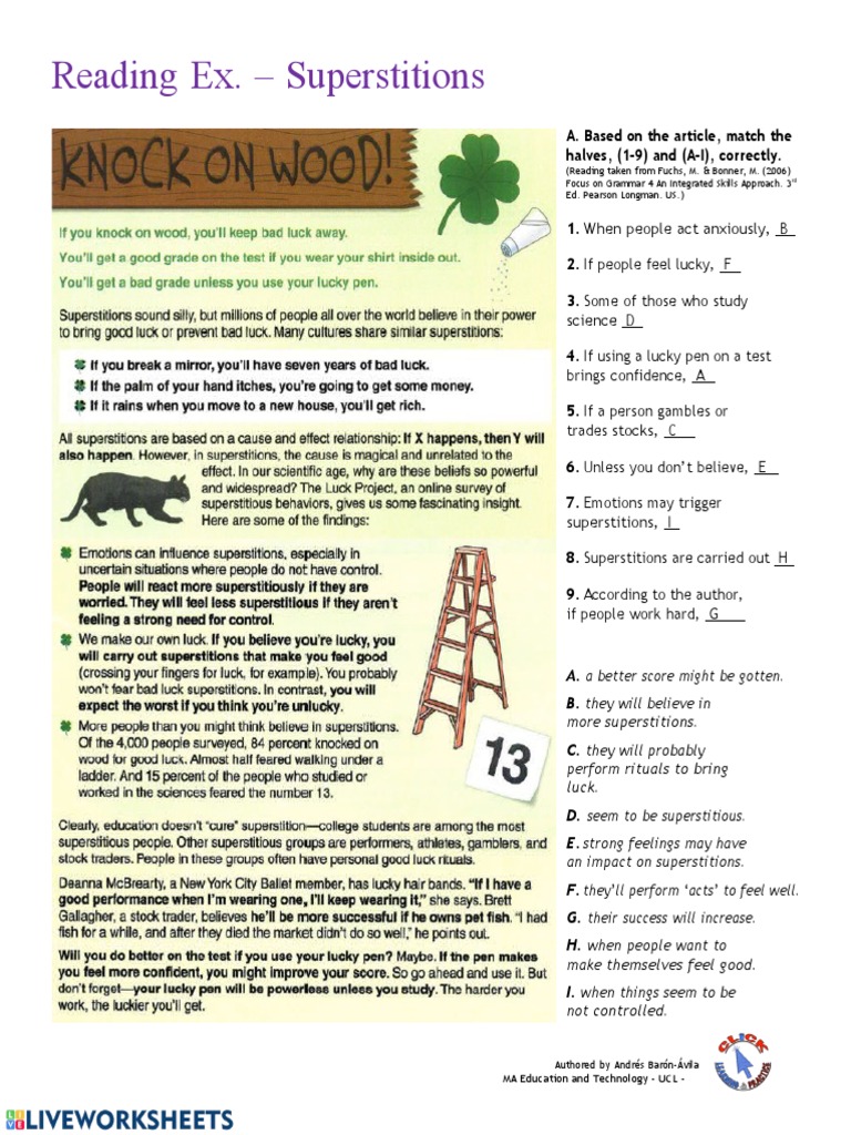 Reading Ex. - Superstitions: Science D Brings Confidence, A Trades ...