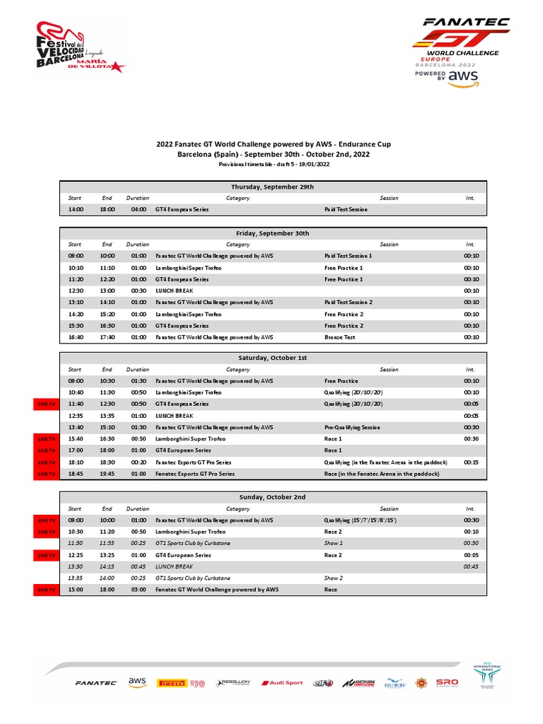 2022 Fanatec GT World Challenge - Barcelona Timetable Draft 5 | PDF ...