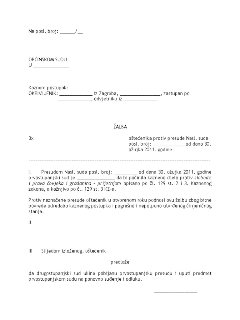 Obrazac - Žalba Na Presudu U Kaznenom Predmetu | PDF