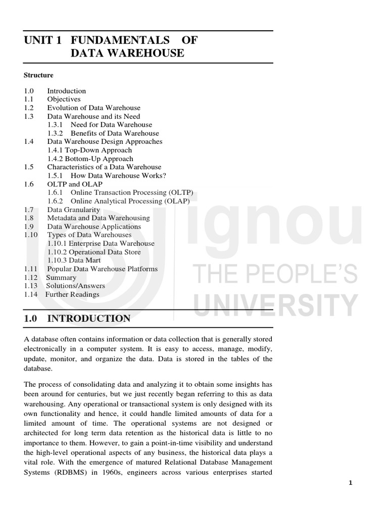 Unit 1 Fundamentals of Data Warehouse | Download Free PDF | Data ...