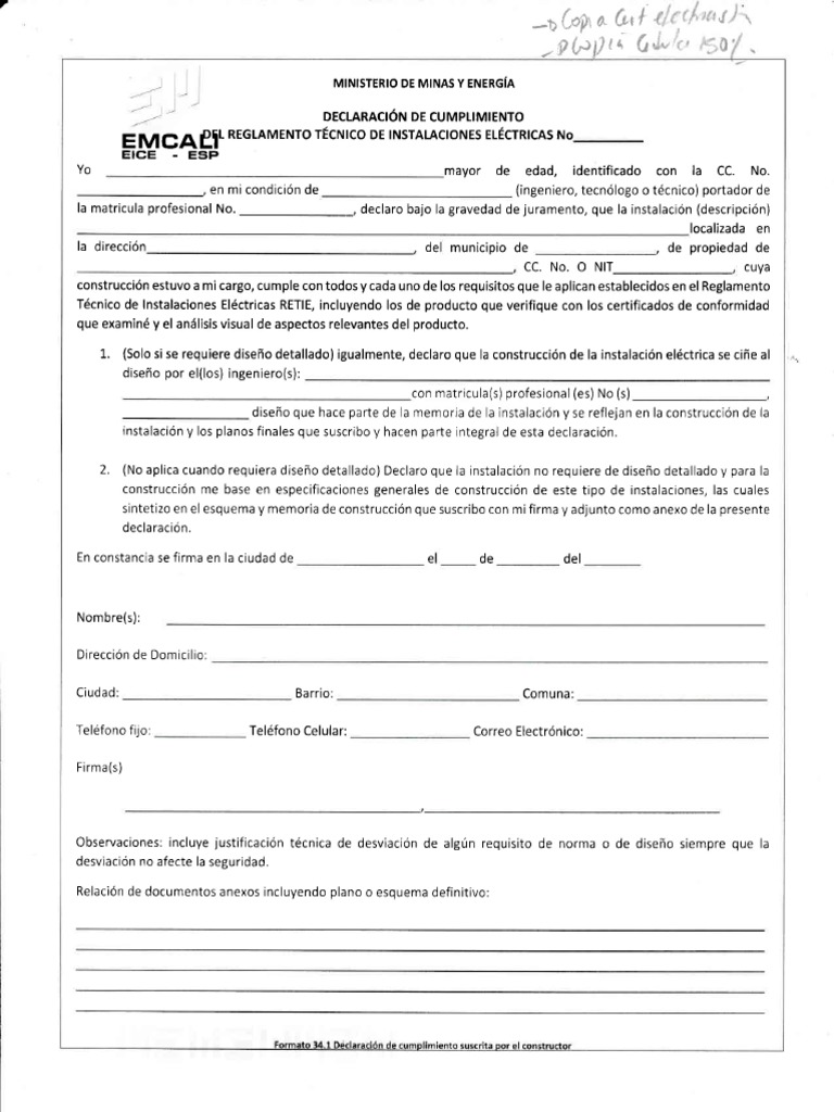 Formato Emcali Declaracion Cumplimiento RETIE | PDF