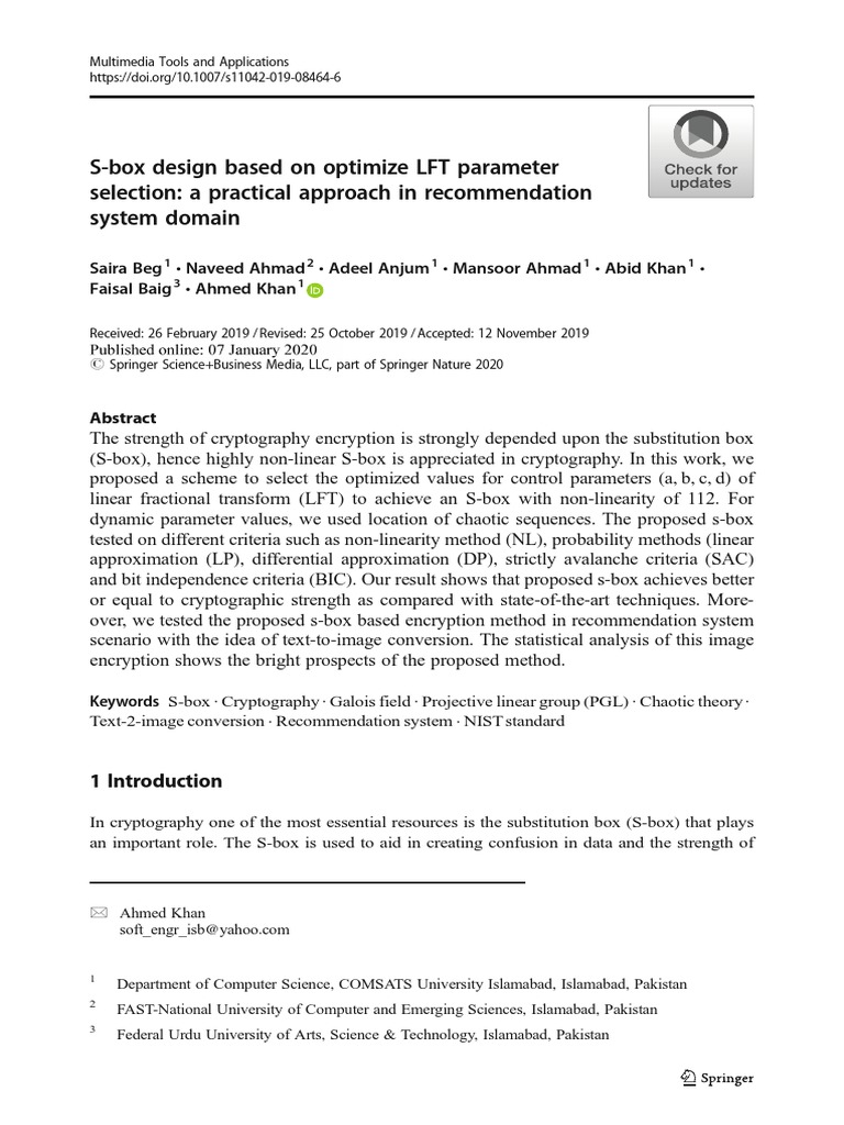 S-Box Design Based On Optimize LFT Parameter Selection: A Practical Approach in Recommendation ...