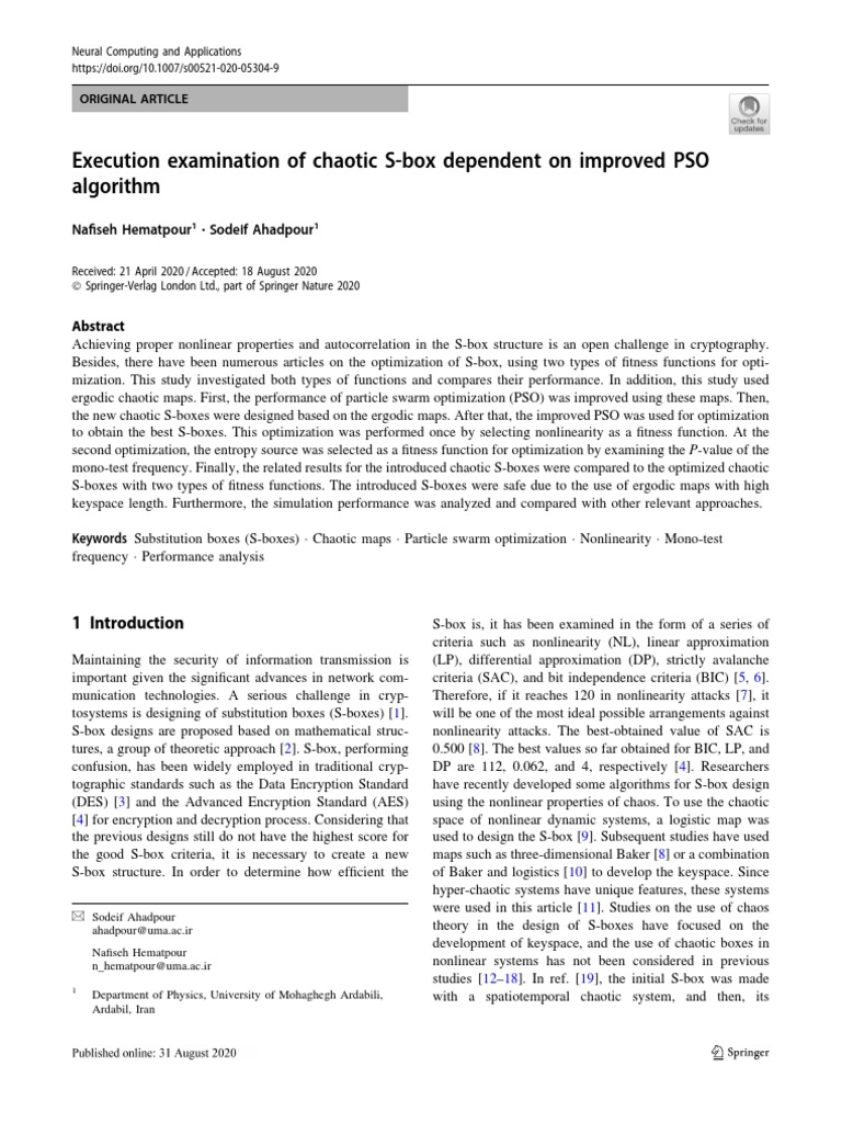 Execution Examination of Chaotic S-Box Dependent On Improved PSO Algorithm | PDF | Chaos Theory ...