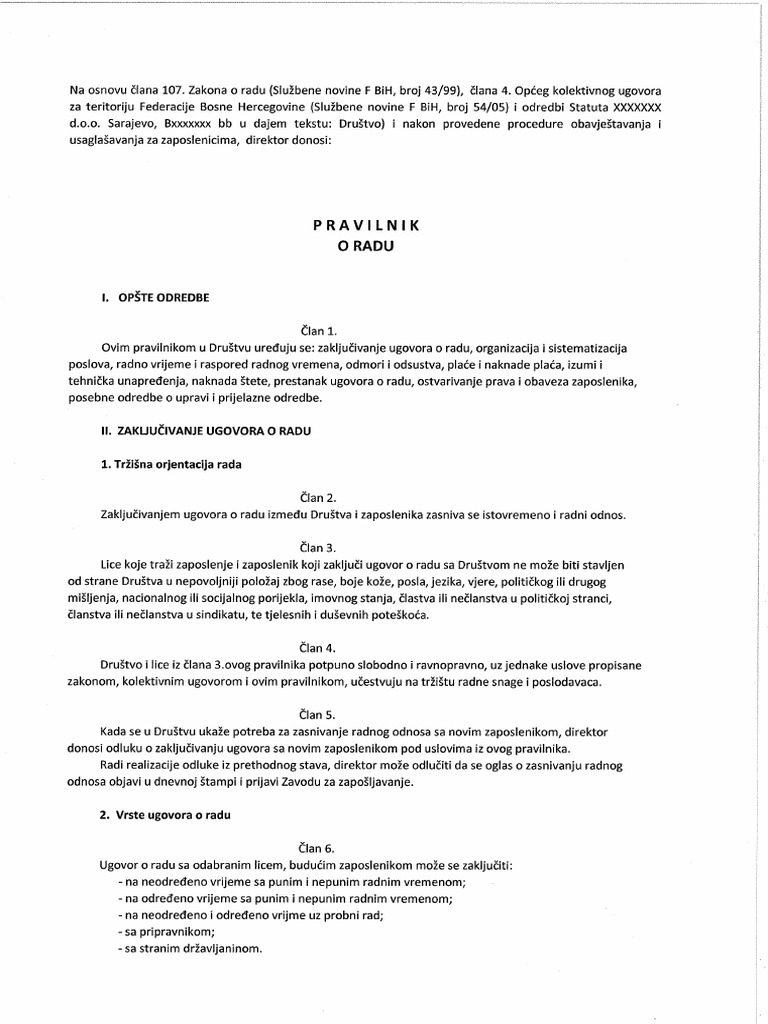 Pravilnik o Radu - Primjer | PDF