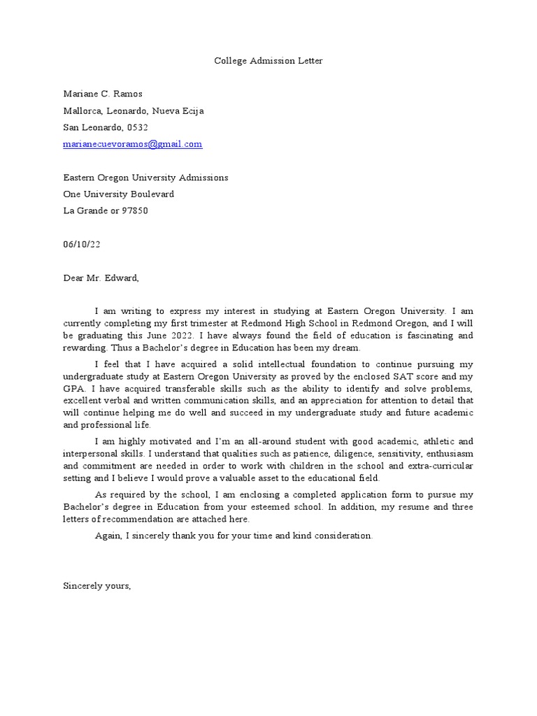 College Admission Letter | PDF | University And College Admission ...