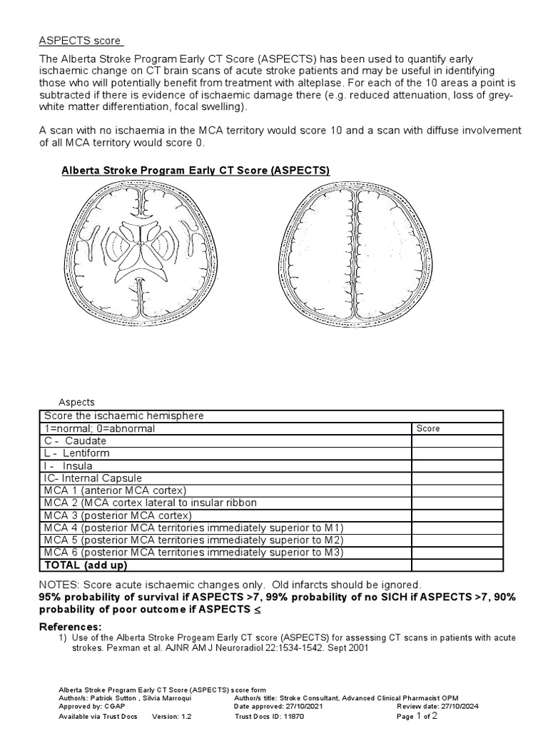 Alberta Stroke Program Early CT Score ASPECTS Score Form v1.1 | PDF