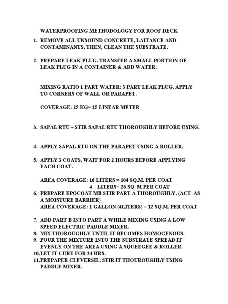 Waterproofing Methodology For Roof Deck | PDF