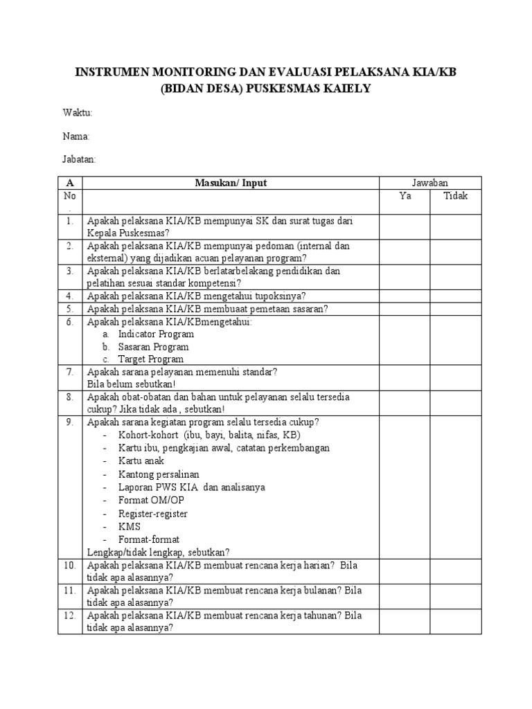 Instrumen Monitoring Dan Evaluasi Pelaksana Kia | PDF