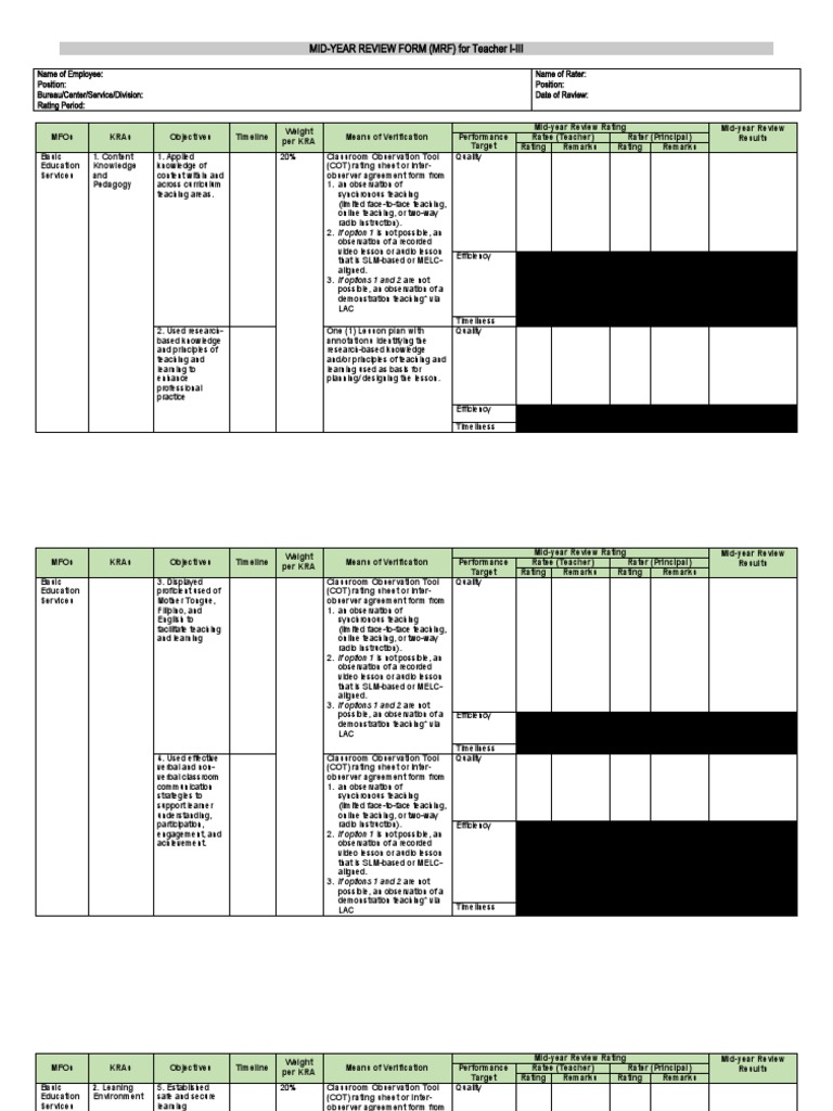 Mid-Year Review Form (MRF) For Teacher I-Iii | PDF | Teachers | Learning