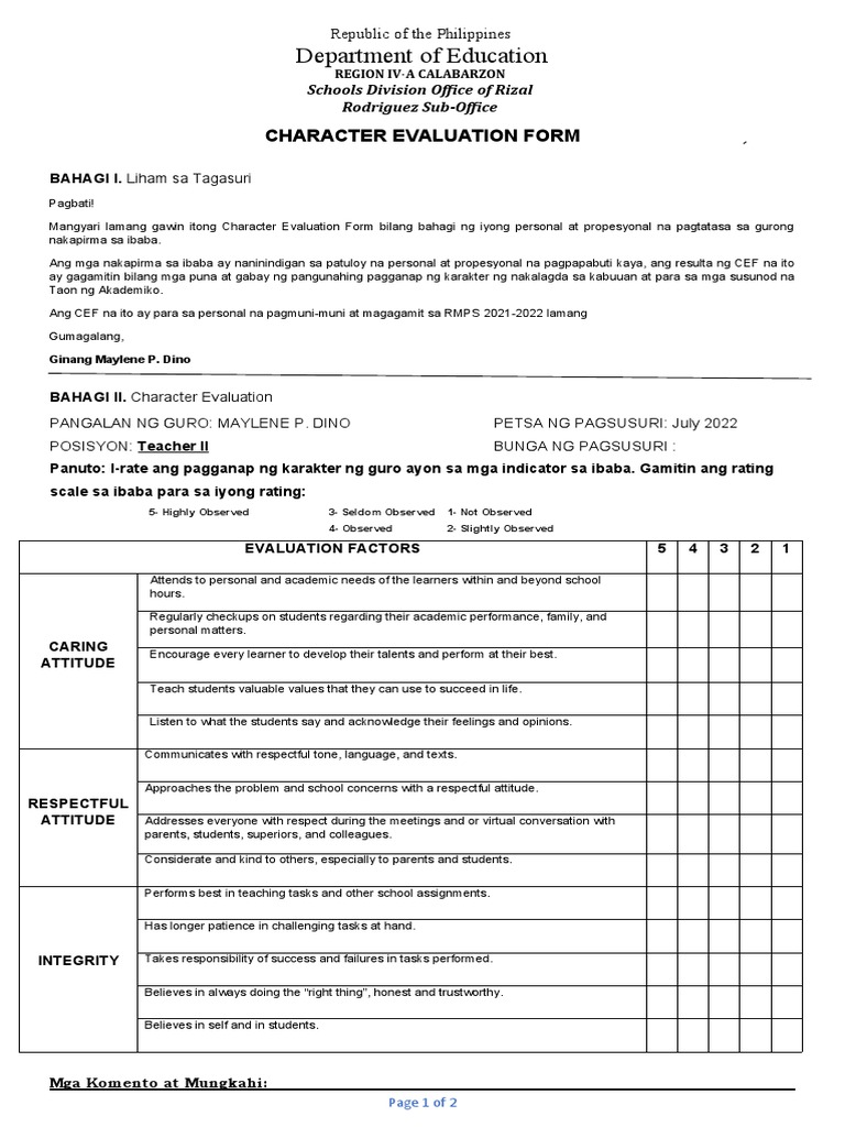 Department of Education: Character Evaluation Form | Download Free PDF ...