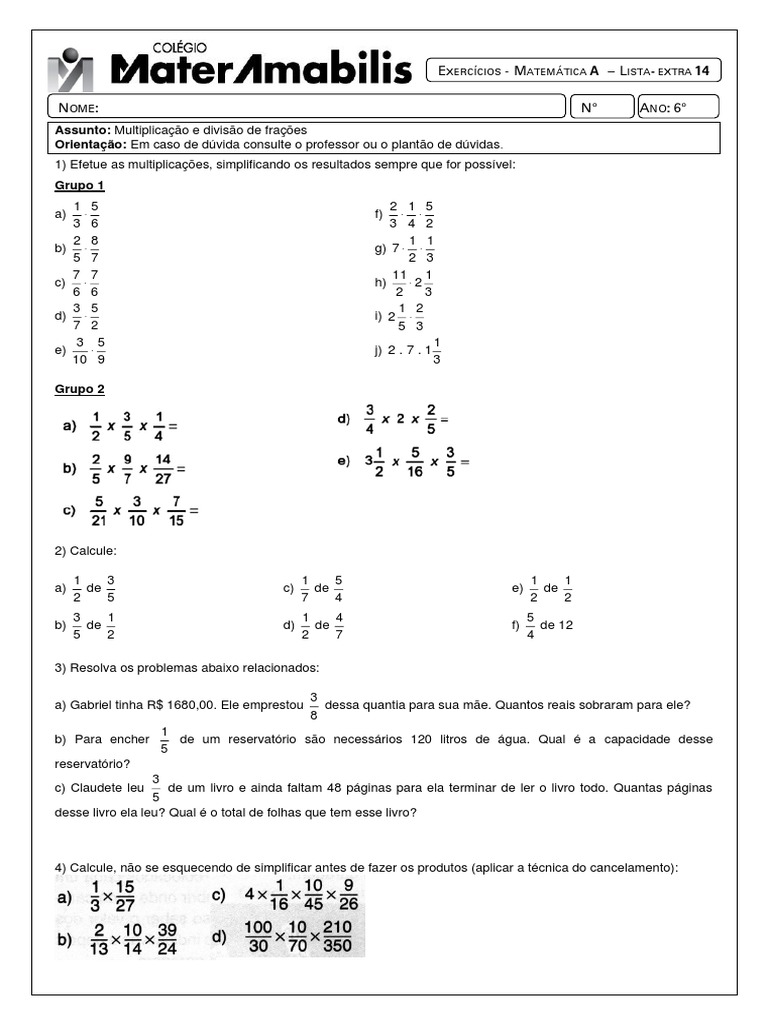 Lista-Extra 18 - Multiplicação e Divisão de Frações-1 | PDF ...