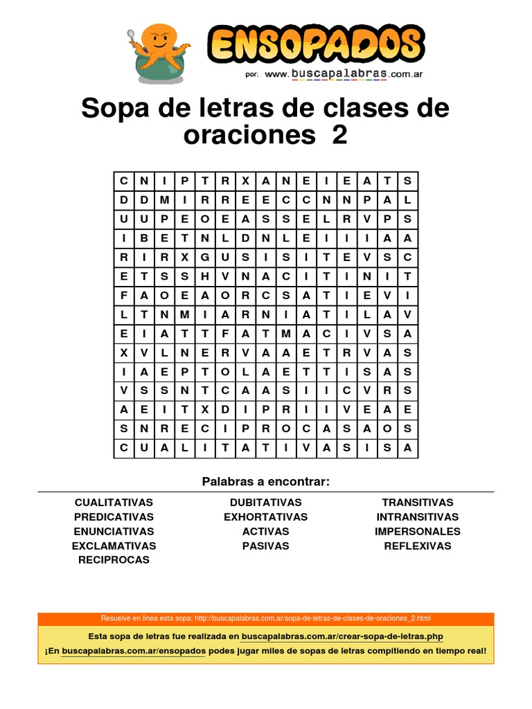 Clases de oraciones en una sopa de letras | PDF