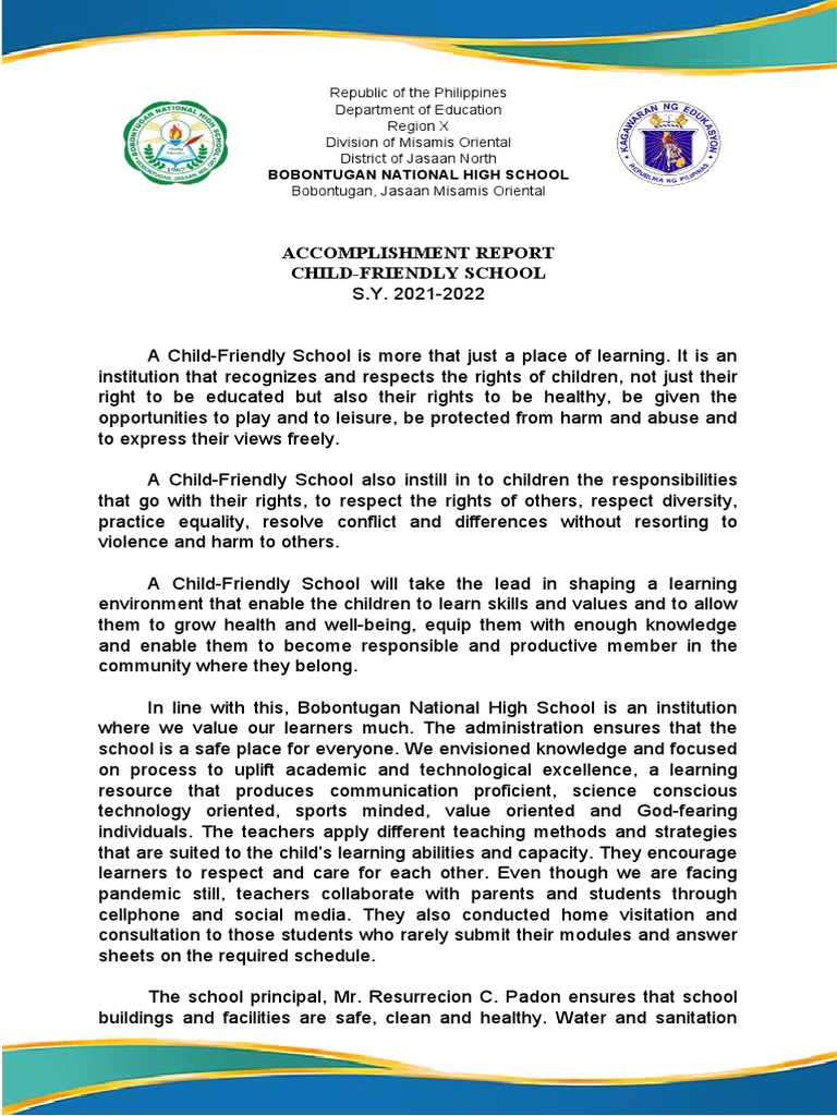 Accomplishment Report On Child-Friendly School | PDF | Learning | Behavioural Sciences