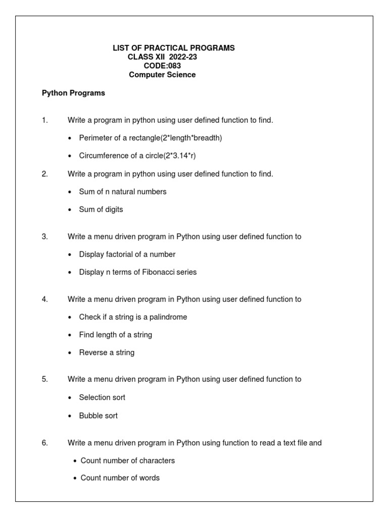 List of Practical Programs CLASS XII 2022-23 CODE:083 Computer Science ...