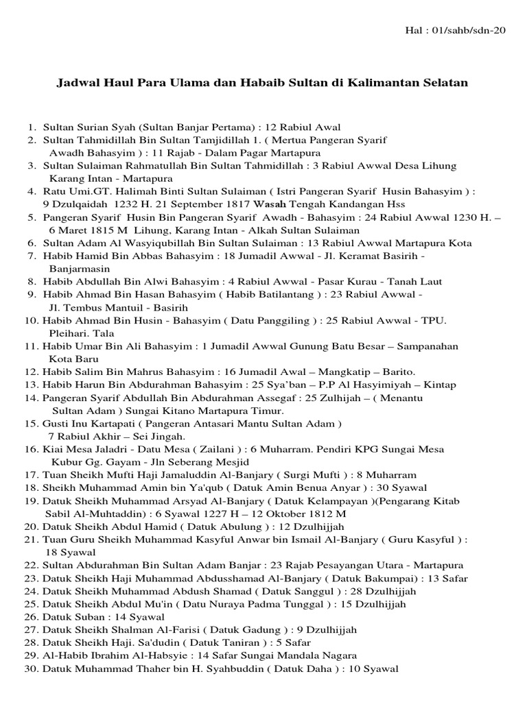 Jadwal Haul para Ulama Dan Habaib Sultan Di Kalimantan Selatan | PDF