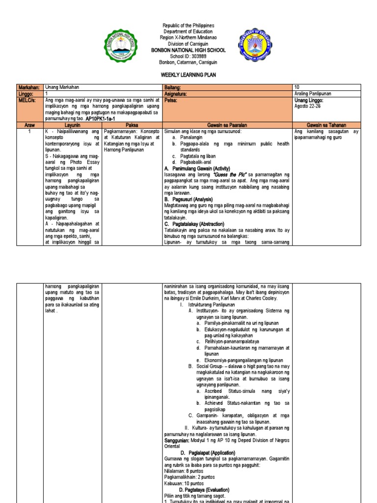 Weekly Learning Plan AP | PDF