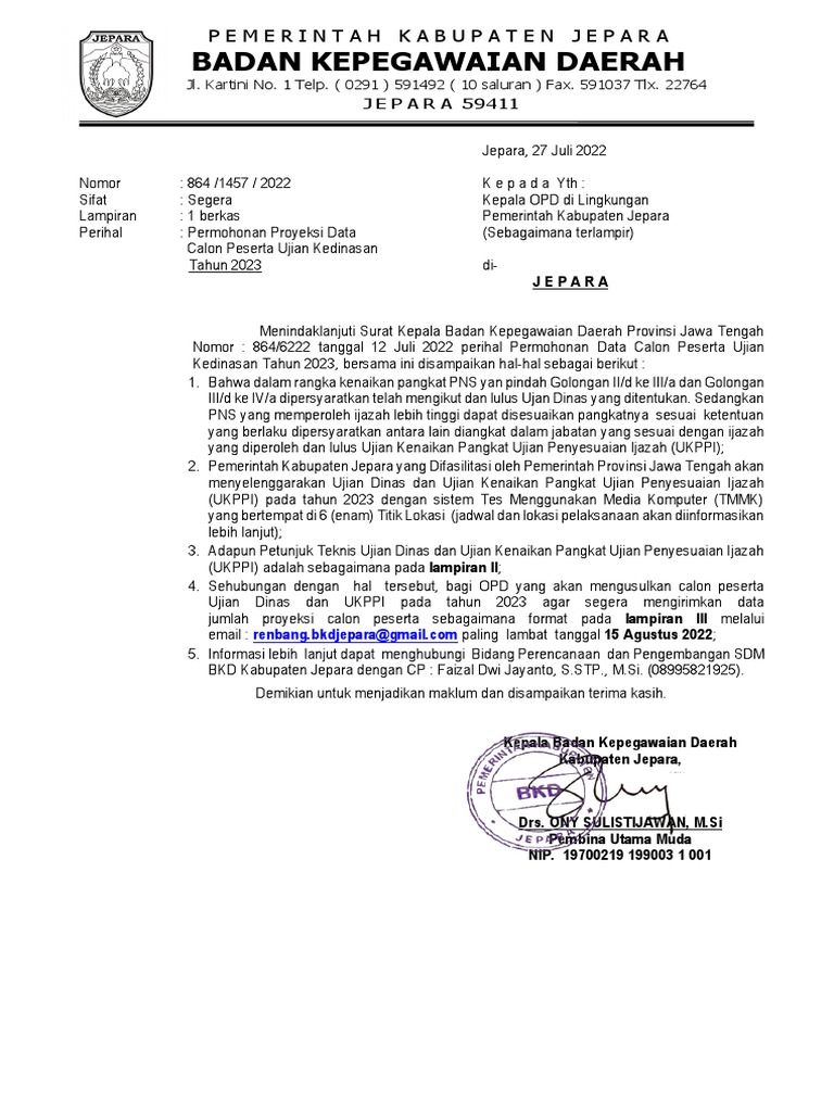 Surat Permohonan Proyeksi Peserta Ujian Kedinasan 2023 | PDF
