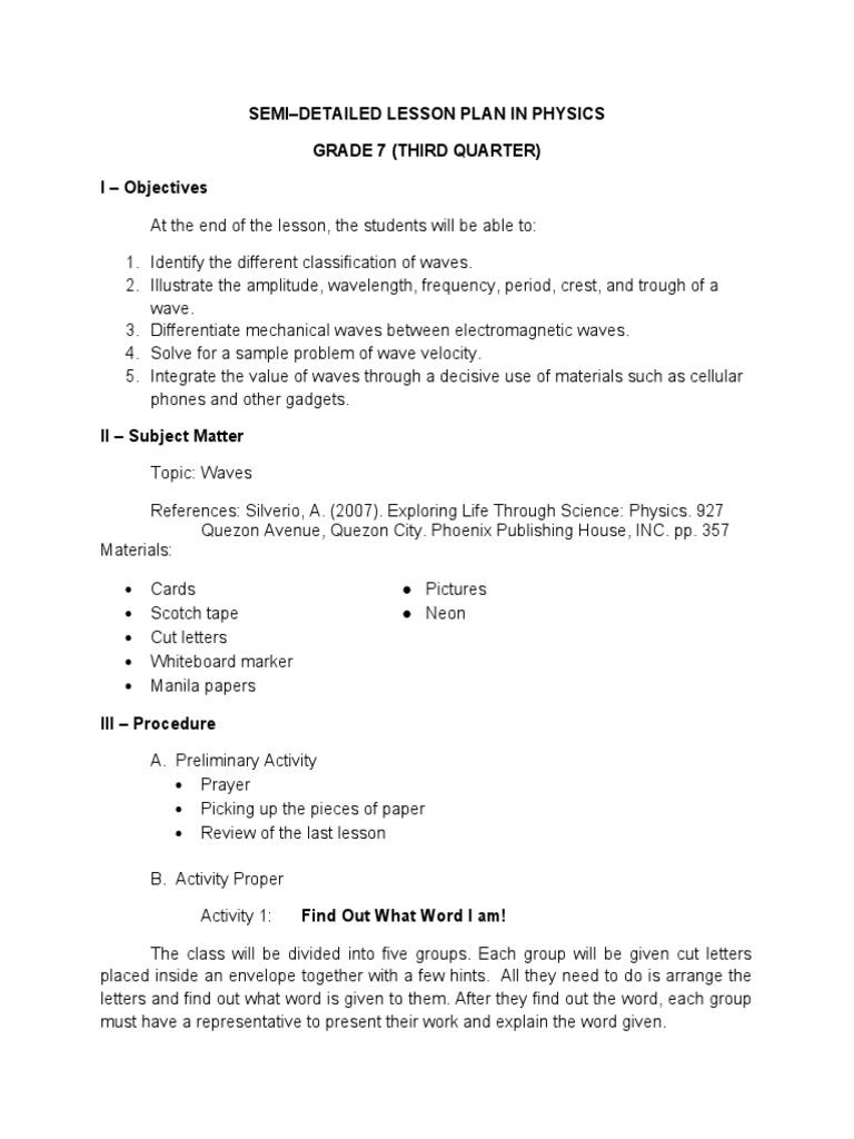 Semi-Detailed Lesson Plan in Physics Grade 7 (Third Quarter) I ...