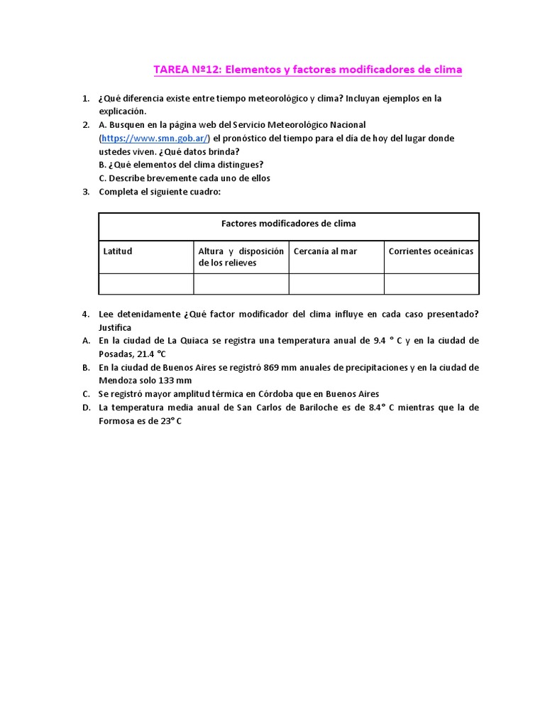 TAREA N12 Elementos y Modificadores Del Clima Arg | PDF | Ciencia y matemáticas