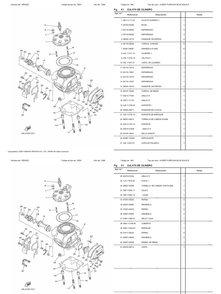 Yamaha WR250Z 1998 | PDF | Tornillo | Rodamiento (Mecánico)