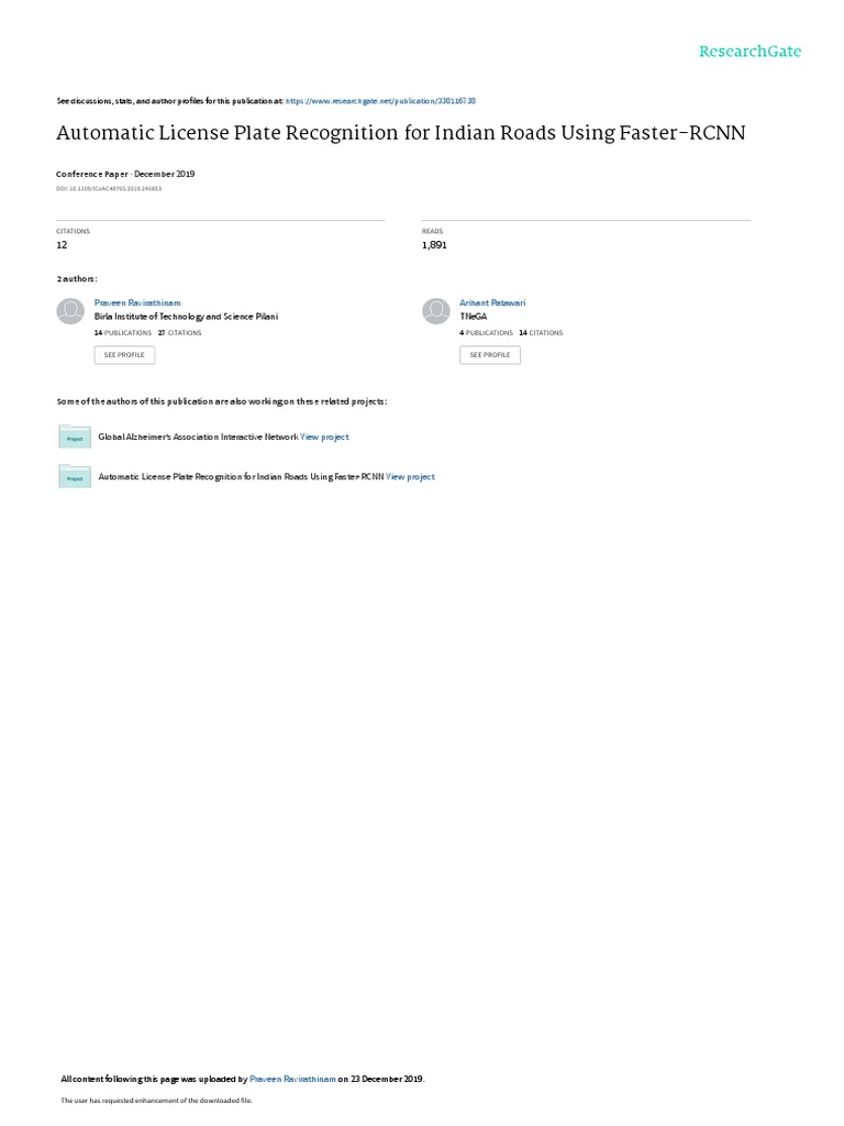 Automatic License Plate Recognition For Indian Roads Using Faster-RCNN | PDF | Optical Character ...