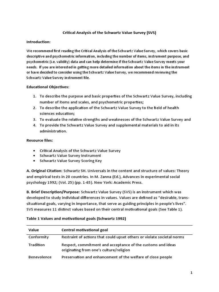 Critical Analysis of The Schwartz Value Survey | PDF | Psychometrics ...