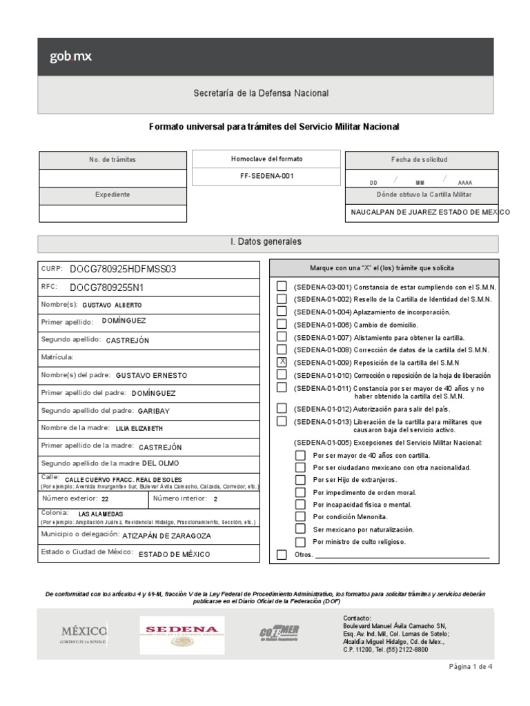Formato_Universal_SEDENA CARTILLA | PDF | Certificado de nacimiento | Instituciones sociales