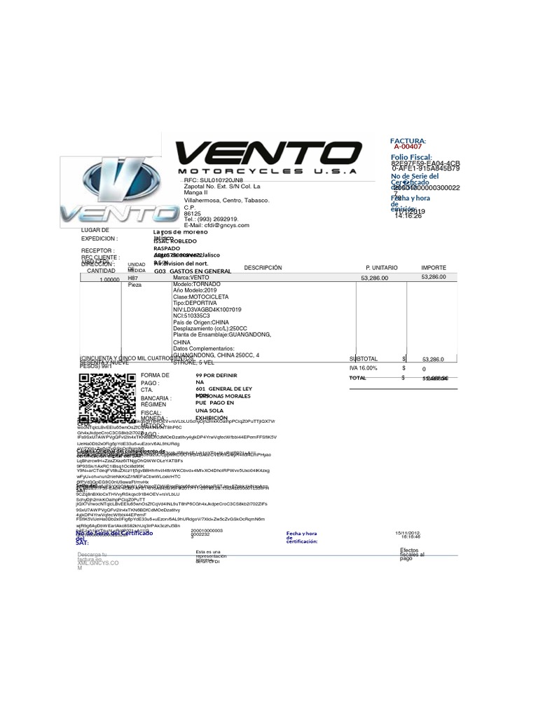 Factura electrónica de venta de una motocicleta deportiva de 250cc marca Vento modelo Tornado ...