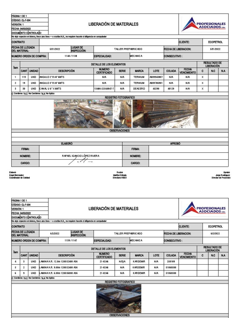 CL-F-004 Liberación de Materiales V1 | PDF