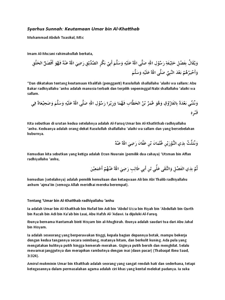 Syarhus Sunnah - Keutamaan Umar Bin Al-Khatthab | PDF