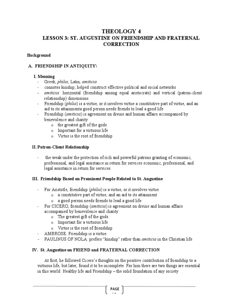 Theology 4: Lesson 3: St. Augustine On Friendship and Fraternal ...
